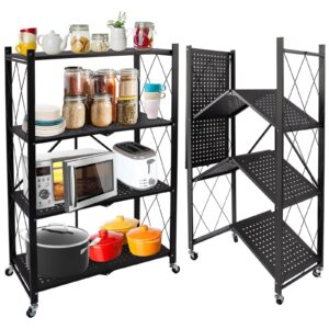 lanstics 4 tier foldable folding shelves heavy duty storage shelving with wheels metal shelf standing shelves units for home kitchen living room black