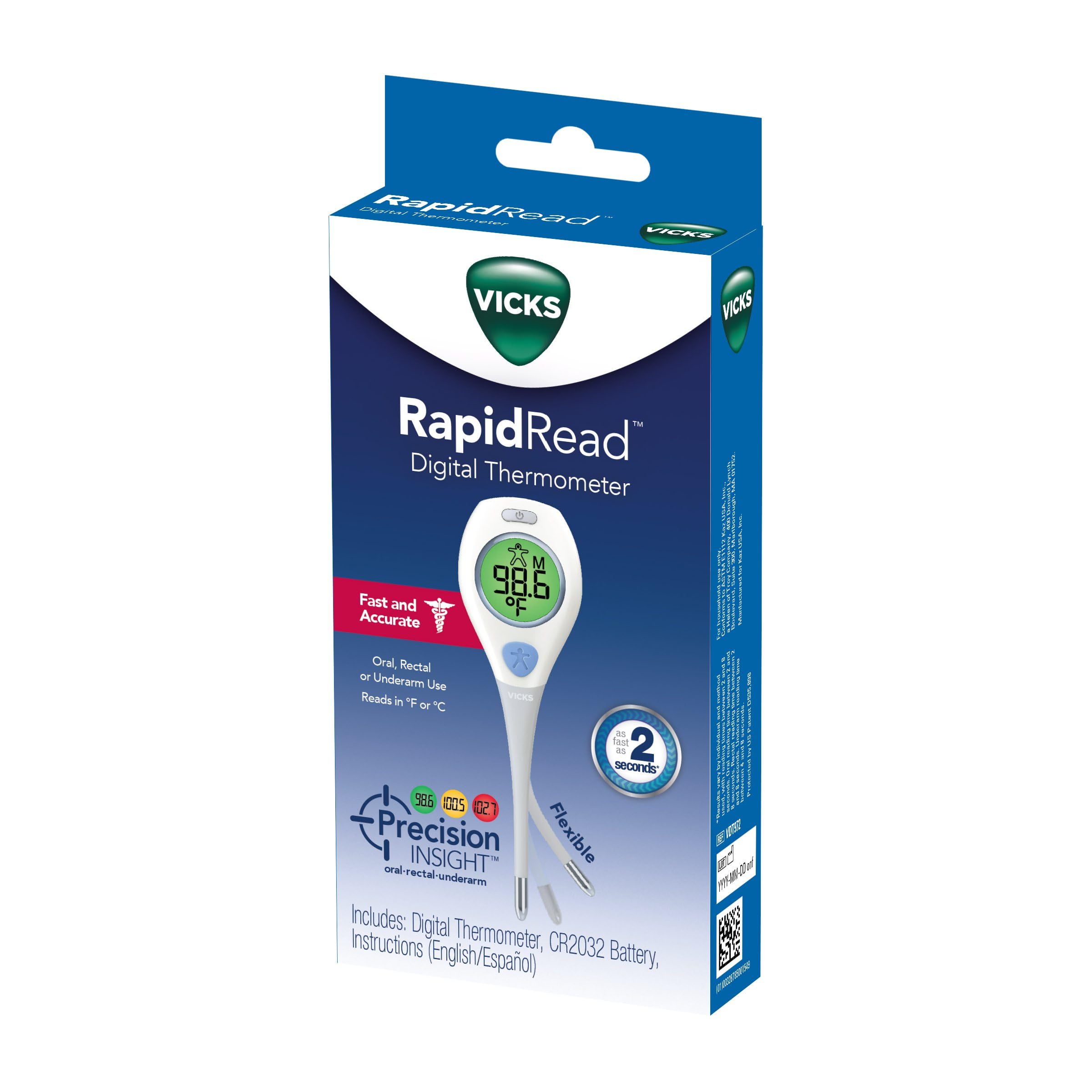 Vicks RapidRead Digital Thermometer, Temperature Readings in 2 Seconds, Use as Oral Thermometer, Baby Rectal Thermometer or Under The Arm, Water Resistant, FSA and HSA Eligible