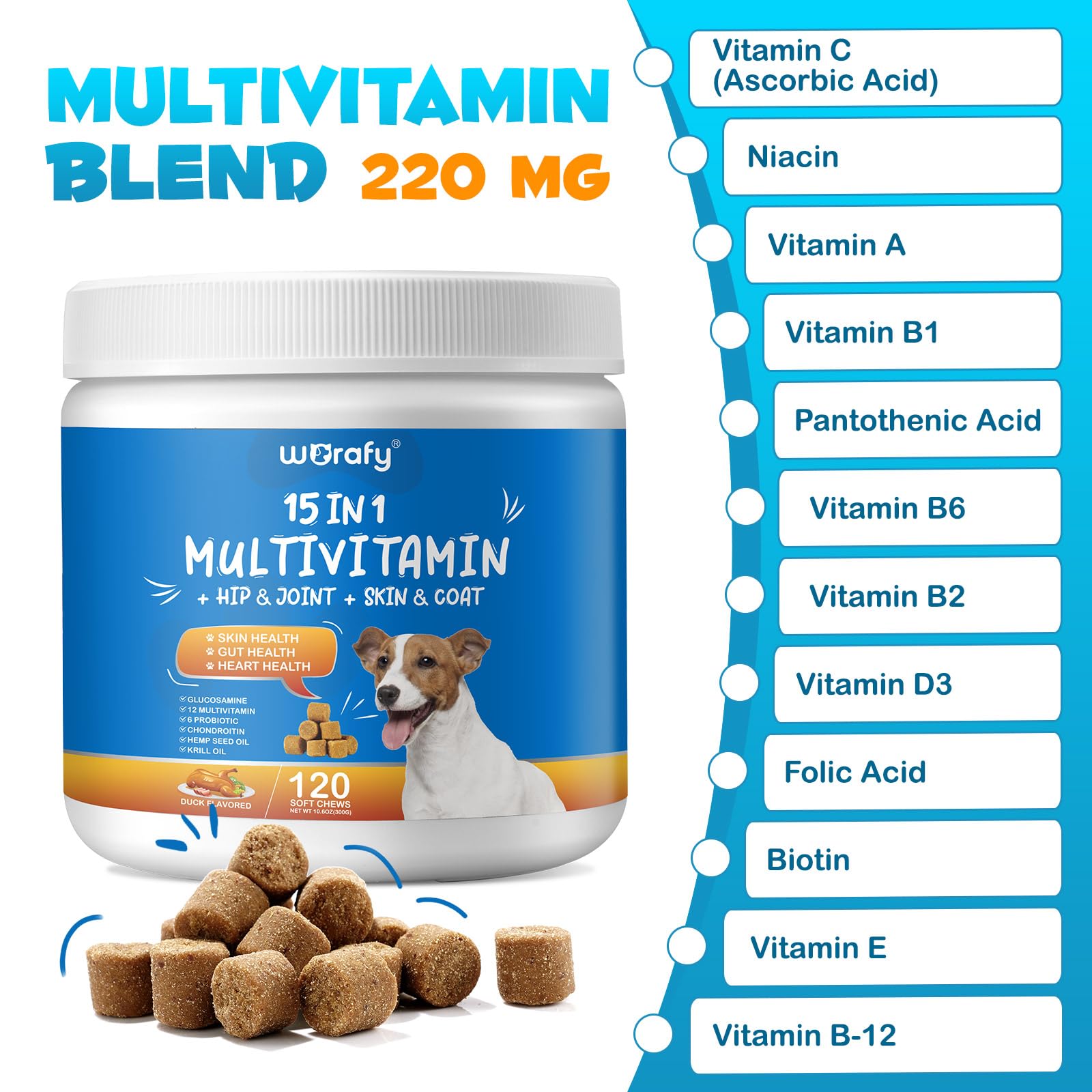 Dog 15-in-1 Multivitamin Chewable, Dog Vitamins & Supplements, Pet Joint Support Health - Immunity - Mobility - Gut - Skin, Dog Vitamins with Biotin, Cranberry, Glucosamine for Dogs (120 Chews)