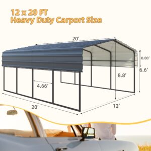 DNYKER 12'x20' Metal Carport, Heavy Duty Car Garage with Galvanized Steel Roof, Upgraded Extra Large Metal Car Shelter Shade for Car, Truck and Boats