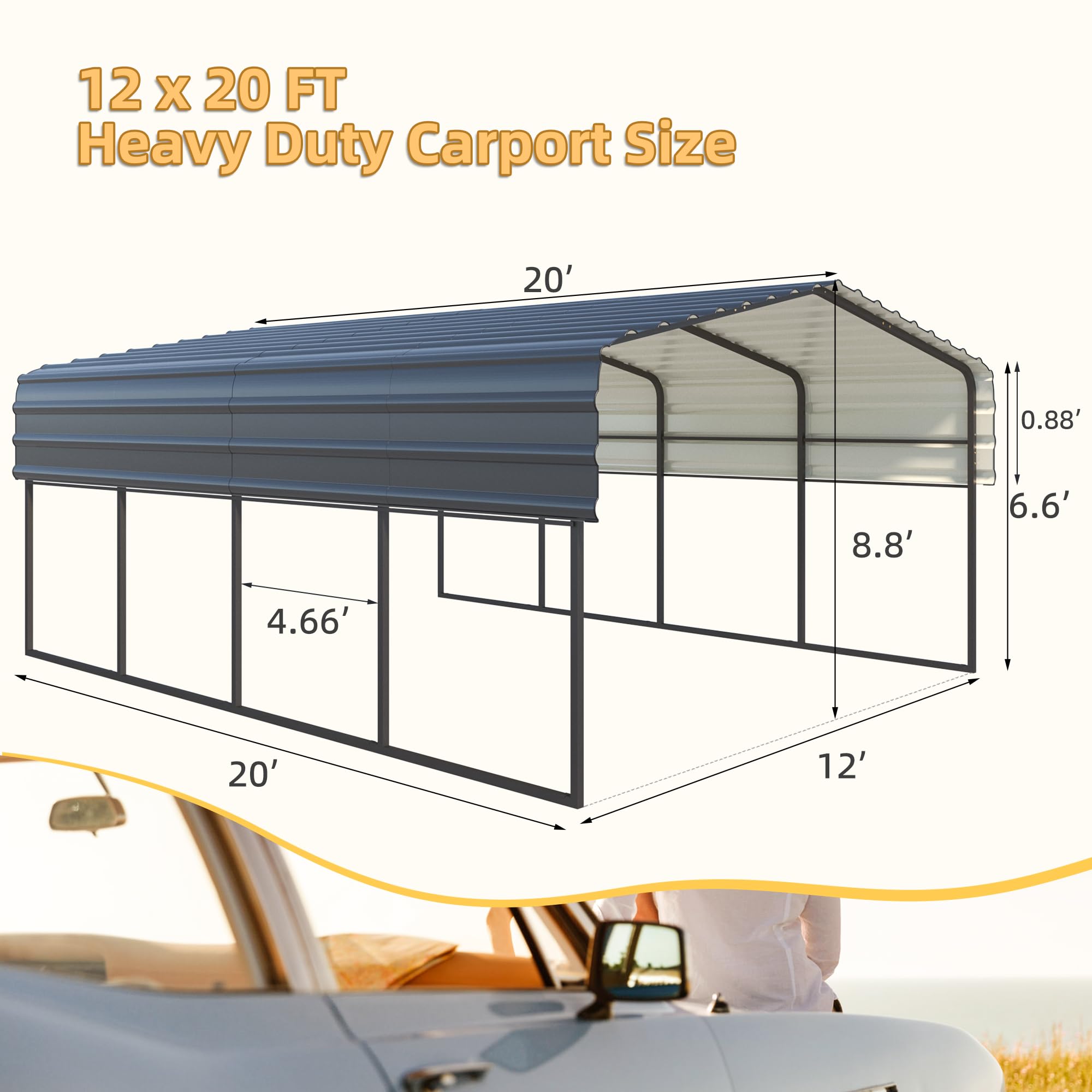 DNYKER 12'x20' Metal Carport, Heavy Duty Car Garage with Galvanized Steel Roof, Upgraded Extra Large Metal Car Shelter Shade for Car, Truck and Boats