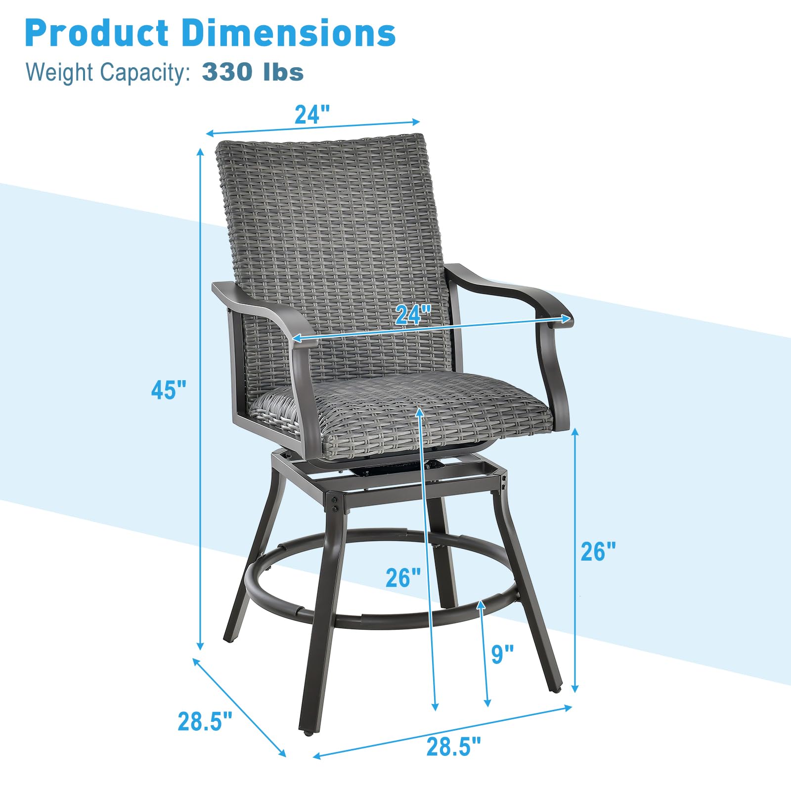 Tangkula Patio Swivel Bar Chairs Set of 2, Aluminum 360° Swiveling Bar Height Chair with 4D Air Fiber Quick Dry Cushion, Elegant PVC Rattan, Patio Bar Stools for Backyard, Poolside, Balcony (Mix Gray)