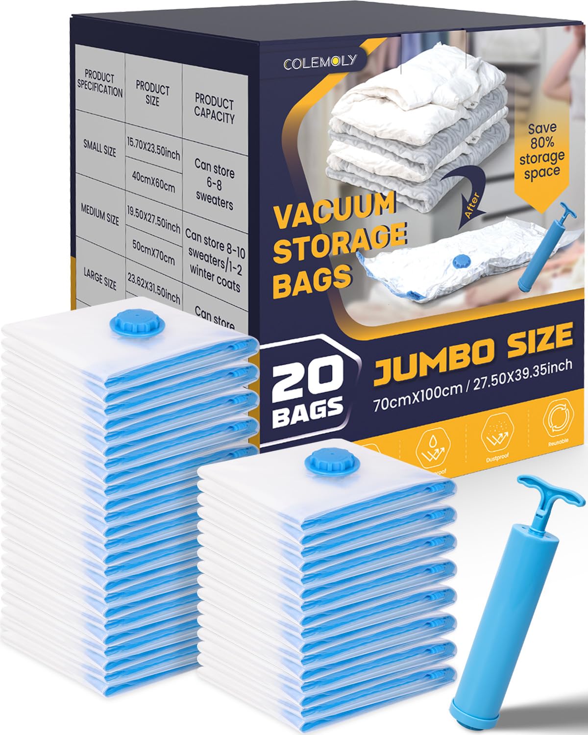 Vacuum Storage Bags with Hand Pump 20 Jumbo Space Saver Seal Storage Bags for Clothes Compression Bags for Travel