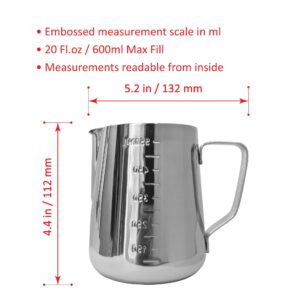 Francis King 20oz Stainless Steel Espresso Milk Steaming Pitcher with Latte Art Pen. 304 Stainless Steel with Embossed Measurements. Milk Foam and Frothing Pitcher. Barista Coffee Accessories