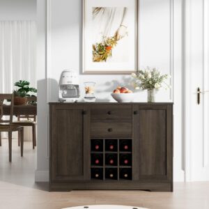 BOTLOG Buffet Sideboard Bar Cabinet with Storage, Farmhouse Coffee Bar Cabinet with 2 Drawers and Adjustable Shelves, 43.3’ Kitchen Buffet Storage Cabinet for Kitchen, Dining Room (Dark Brown)