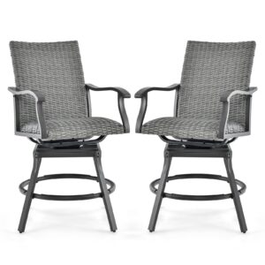 tangkula patio swivel bar chairs set of 2, aluminum 360° swiveling bar height chair with 4d air fiber quick dry cushion, elegant pvc rattan, patio bar stools for backyard, poolside, balcony (mix gray)