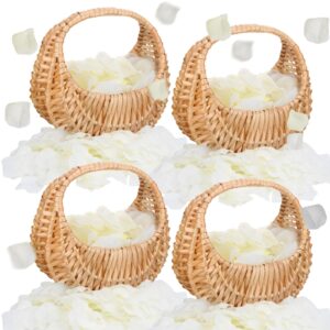 uiifan 4 sets weddings flower girl baskets with 4000 pcs artificial silk rose petals and woven wicker rattan basket with handle and flower petals for bridal anniversary party decoration(brown)