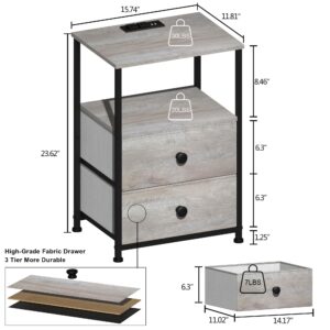 Tohomeor Nightstand with Charging Station USB Outlet and LED Light End Table Dresser with 2 Fabric Drawers Open Storage Shelf for Bedroom Living Room Sofa Beside (2, Greige)