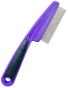 lltgmv flea comb with rubber handle, cat and dog flea comb, stainless steel and plastic, medium, purple