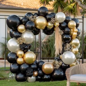 Black White Gold Balloon Garland Double Stuffed Pearl White Sand Balloons Champagne Metallic Gold Neutral Balloon Arch Kit For Birthday Graduation Wedding Bachelorette Halloween Party Decorations