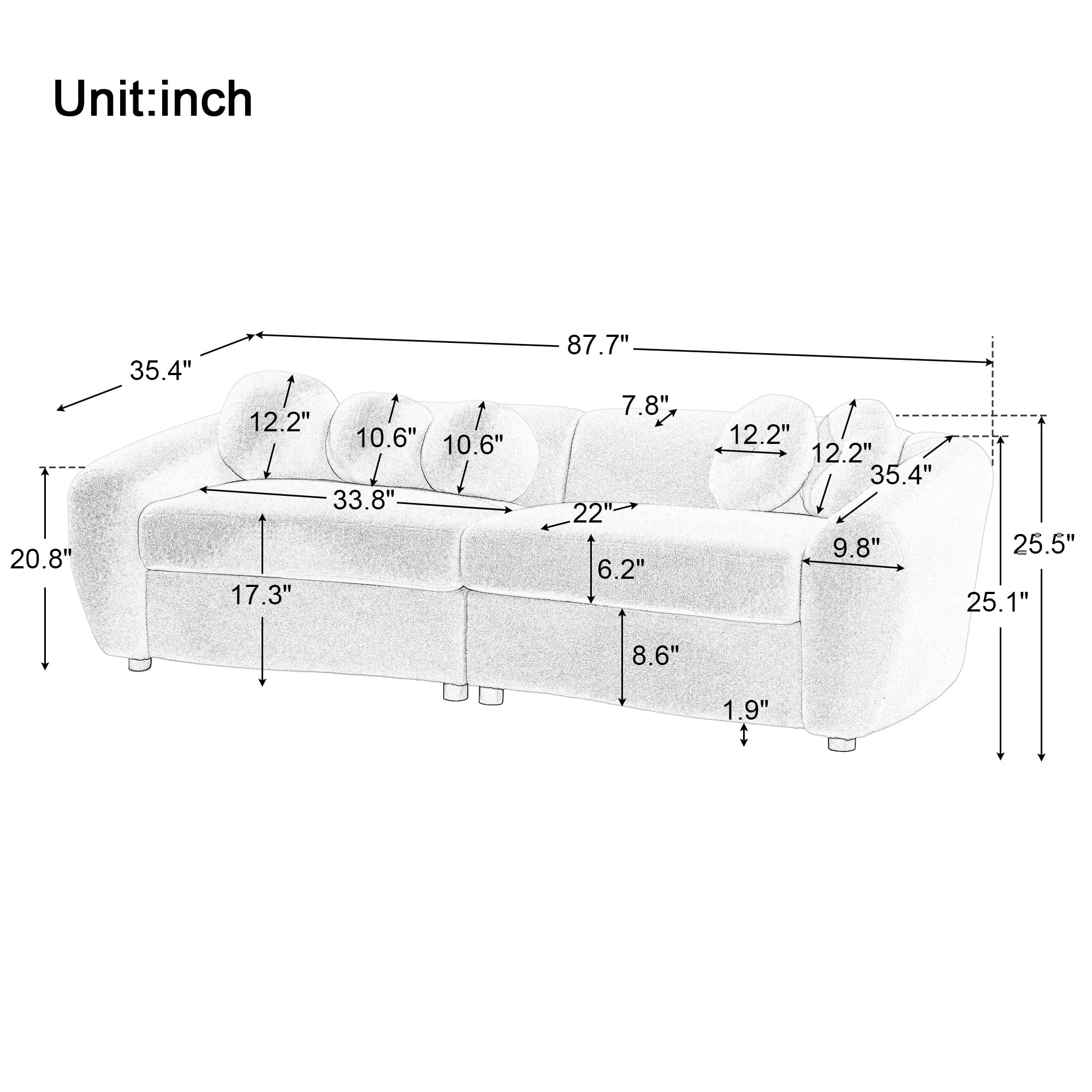 WILLIAMSPACE 87.7" Modern Sofa Couch, Back Upholstered Couch with 5 Decorative Throw Pillows, Teddy Fabric Couch 3 Seater Sofa for Living Room, Office, Apartment (Grey)