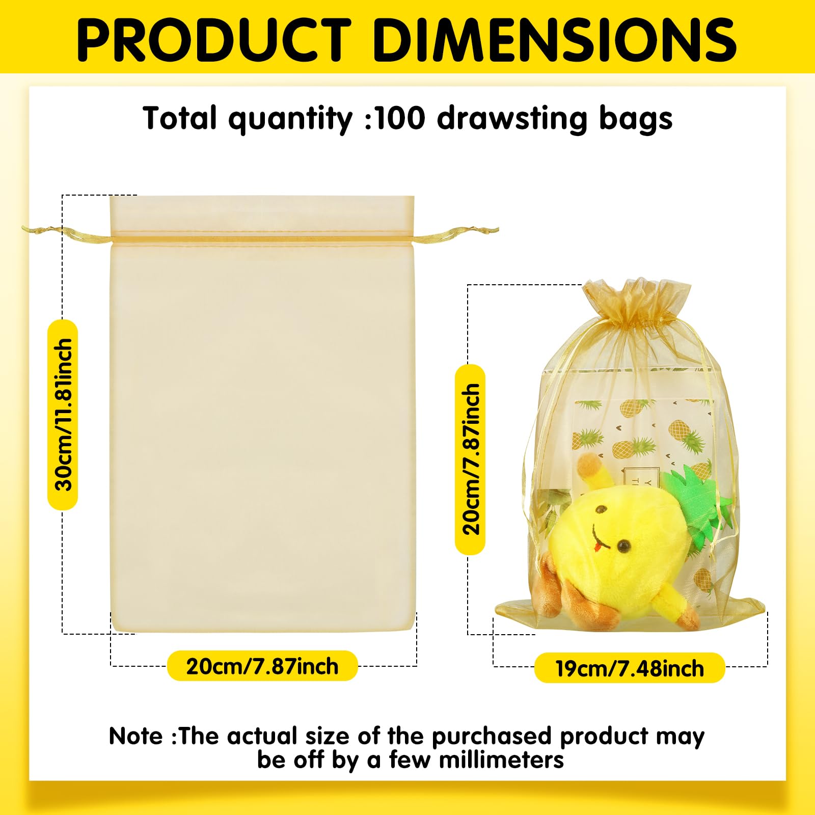 Windyun 100pcs Large Organza Bags 12 x 8 Inch Sheer Mesh Drawstring Gift Packaging Pouch Bags for Wedding Christmas Game Party Supplies (Gold)