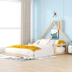 MERITLINE Full Size Floor Bed with House-Shaped Headboard, Full Montessori Floor Bed Wood Frame, No Box Spring Needed, for Kids Teens Girls Boys (Natural)