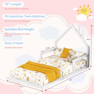 Floor Bed for Kids, Twin Size Montessori Bed with House Shape Headboard and Railings, Wood House Bed with Slats for Boys Girls, Low to Ground Height, No Box Spring Needed, White