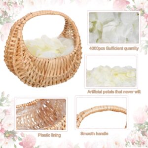 Uiifan 4 Sets Weddings Flower Girl Baskets with 4000 pcs Artificial Silk Rose Petals and Woven Wicker Rattan Basket with Handle and Flower Petals for Bridal Anniversary Party Decoration(Brown)