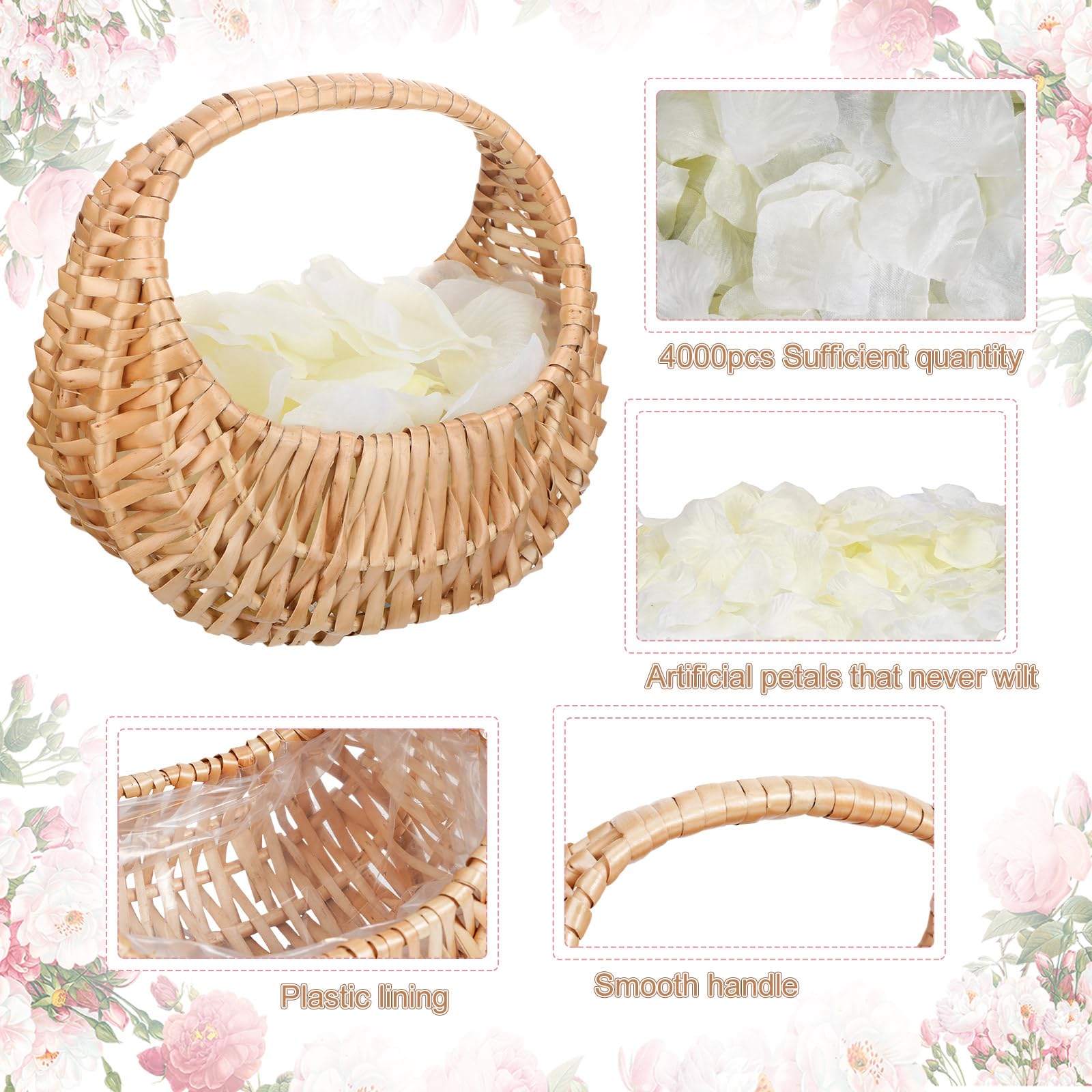 Uiifan 4 Sets Weddings Flower Girl Baskets with 4000 pcs Artificial Silk Rose Petals and Woven Wicker Rattan Basket with Handle and Flower Petals for Bridal Anniversary Party Decoration(Brown)