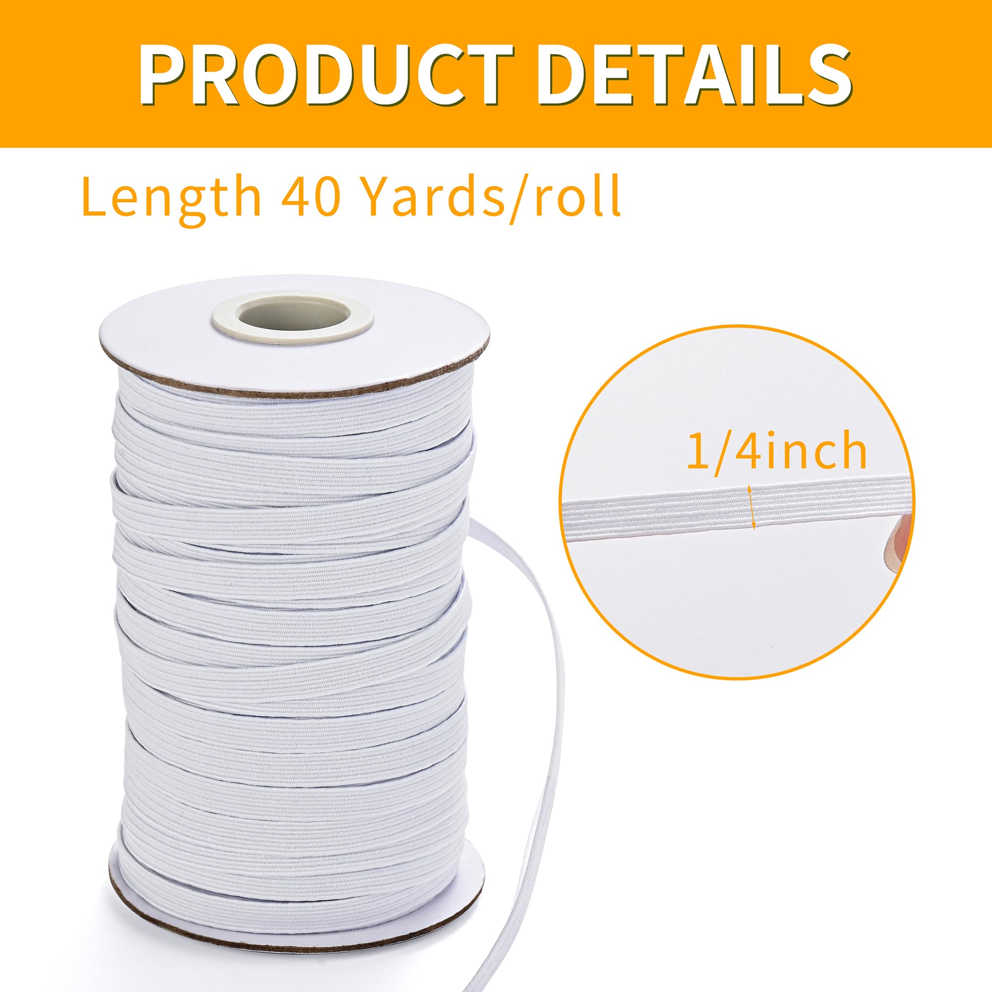 XKDOUS Elastic Band for Sewing, 1/4 Inch 40 Yards White Knit Elastic Bands High Elastic Cord for Sewing Waistband and Pants Waist