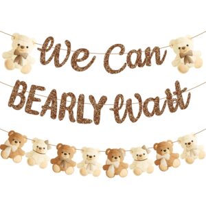 umoni teddy bear banner, we can bearly wait, brown glitter, baby shower decorations, gender reveal party supplies, 19.0x70.0 inches