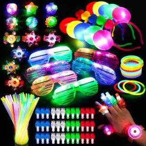 mocoosy 103pcs glow in the dark party supplies, light up party favors for kids led neon toys bulk party pack with glow sticks,led glasses,light up bracelets,finger lights,jelly rings and headbands