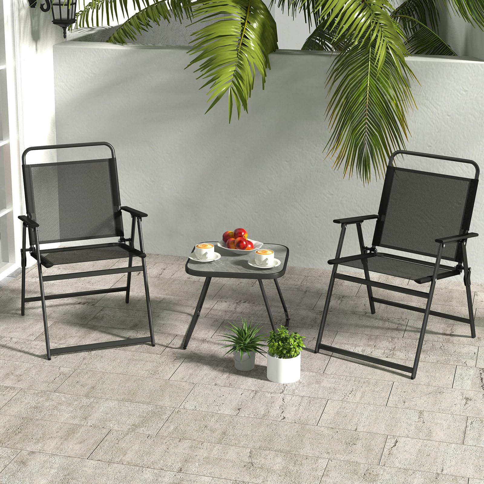 Tangkula 3 Piece Patio Folding Bistro Set, 2 Folding Chairs with Coffee Table, Breathable Fabric & Heavy-Duty Metal Frame, Outdoor Portable Folding Chair Set for Backyard, Poolside, Balcony (Black)