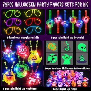 72Pcs Halloween Party Favors for Kids,Halloween Light Up Necklaces Rings Spin Bracelets Glow in The Dark Toys Bulk Halloween Goodie Bag Fillers Treats Non Candy Classroom Prizes Trick or Treat Gift