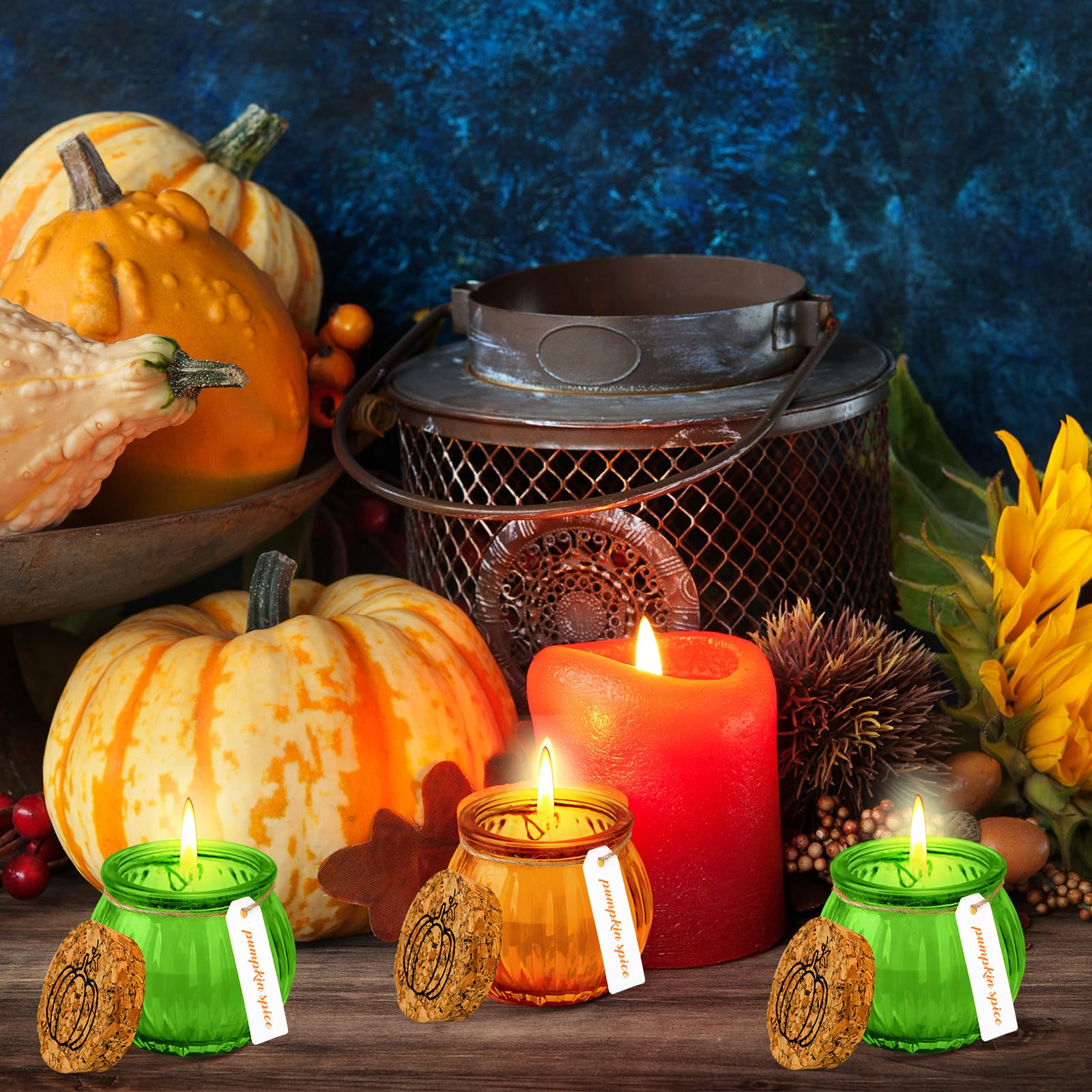 MTLEE 12 Pcs Pumpkin Candles Bulk Fall Thanksgiving Scented Candles Pumpkin Tealight Table Centerpieces with Signs Stickers for Thanksgiving Fall Room Home Decor