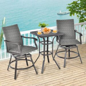 Tangkula Patio Swivel Bar Chairs Set of 2, Aluminum 360° Swiveling Bar Height Chair with 4D Air Fiber Quick Dry Cushion, Elegant PVC Rattan, Patio Bar Stools for Backyard, Poolside, Balcony (Mix Gray)