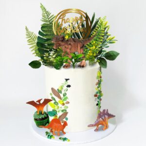 Dinosaur Cake Toppers Dinosaur Toy Artificial Plants Grass Cake Decorations for Boy Girl Kid Birthday Baby Shower Dinosaur Theme Jungle Party Supplies (Style 2)