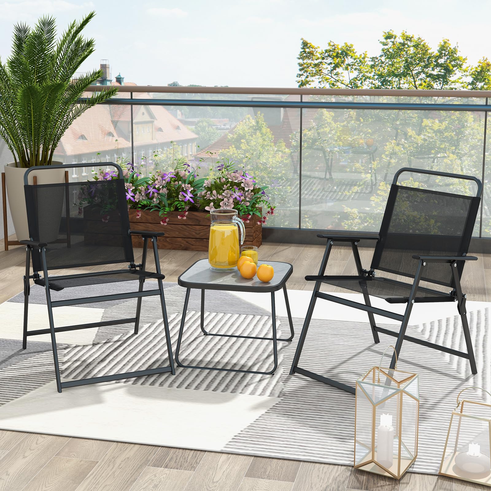 Tangkula 3 Piece Patio Folding Bistro Set, 2 Folding Chairs with Coffee Table, Breathable Fabric & Heavy-Duty Metal Frame, Outdoor Portable Folding Chair Set for Backyard, Poolside, Balcony (Black)