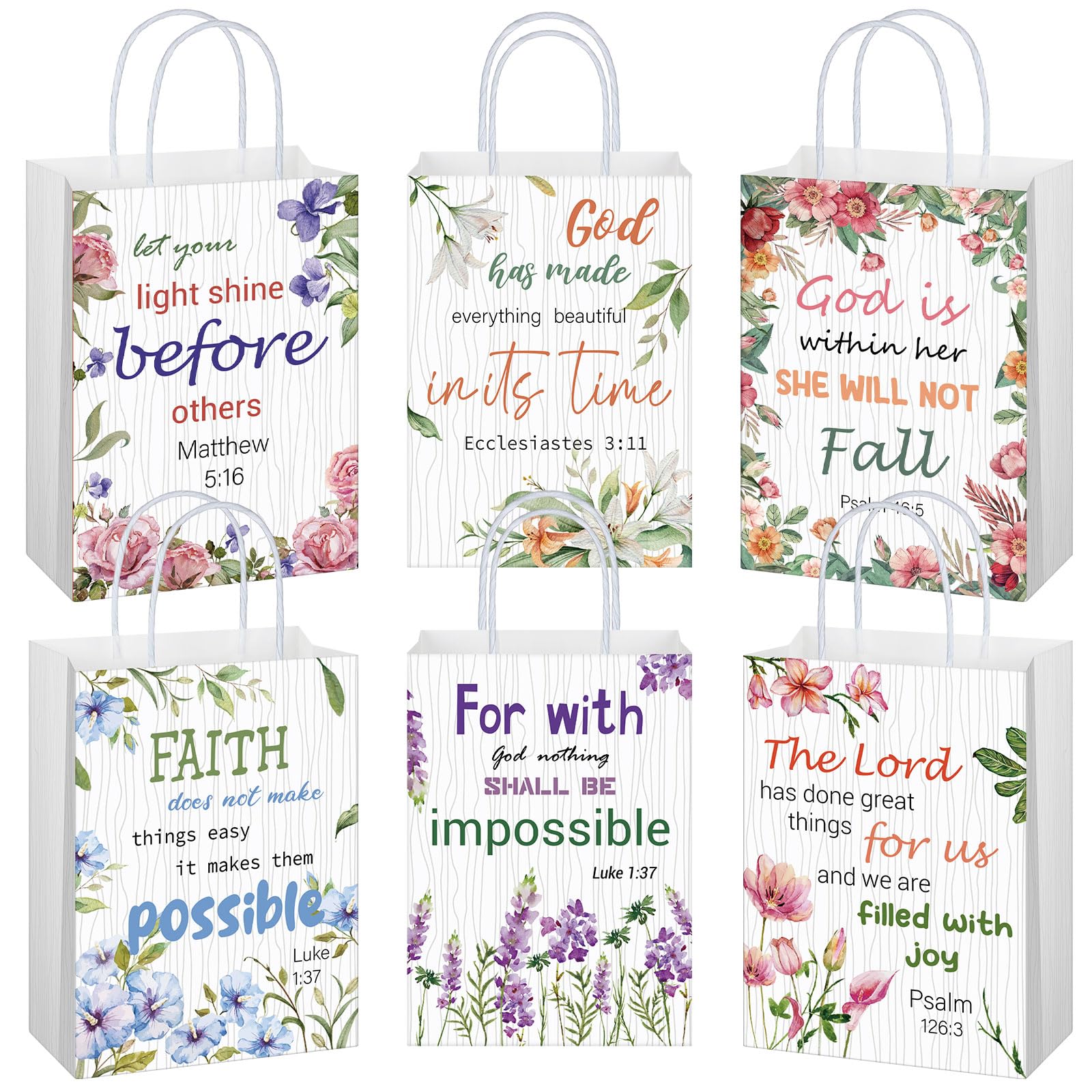 Yeaqee 24 Pcs Religious Gift Bags Bible Verse Treat Bags Inspirational Flower Paper Bags with Handles Christian Church Gifts in Bulk for Women Wedding Birthday First Communion Baptism