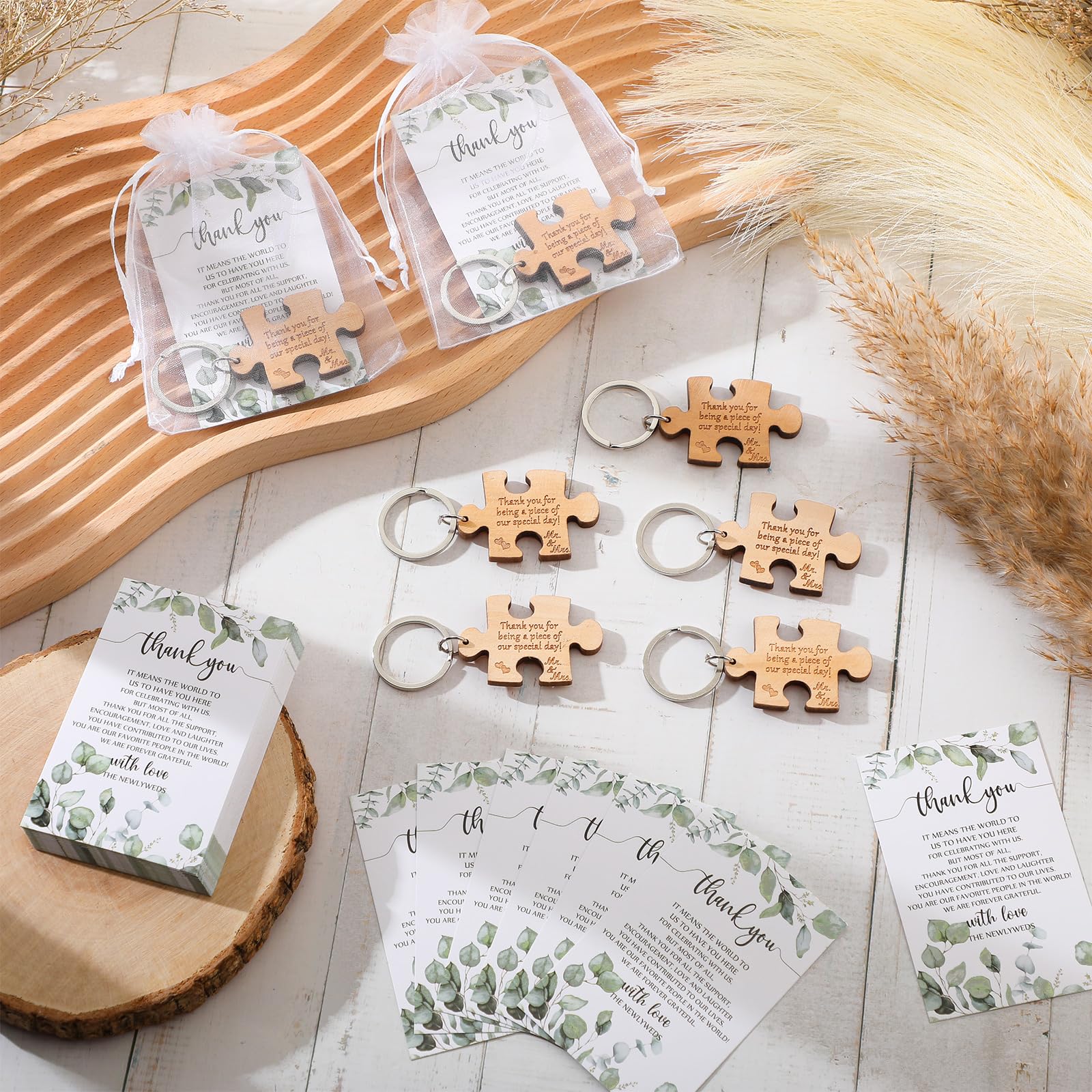 Sintuff 50 Sets Wedding Favors for Guests Rustic Wood Puzzle Keychain Thank You Card Organza Bag Wedding Party Bridal Shower Souvenir (Natural Wood)