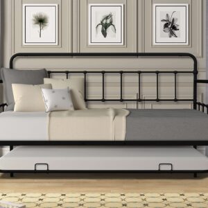 Twin Metal Daybed Frame with Trundle,Heavy Duty Steel Slat Support Space Saving Bed Sofa,Bedroom Living Room Furniture,Black