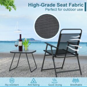 Tangkula 3 Piece Patio Folding Bistro Set, 2 Folding Chairs with Coffee Table, Breathable Fabric & Heavy-Duty Metal Frame, Outdoor Portable Folding Chair Set for Backyard, Poolside, Balcony (Black)