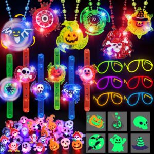 72pcs halloween party favors for kids,halloween light up necklaces rings spin bracelets glow in the dark toys bulk halloween goodie bag fillers treats non candy classroom prizes trick or treat gift