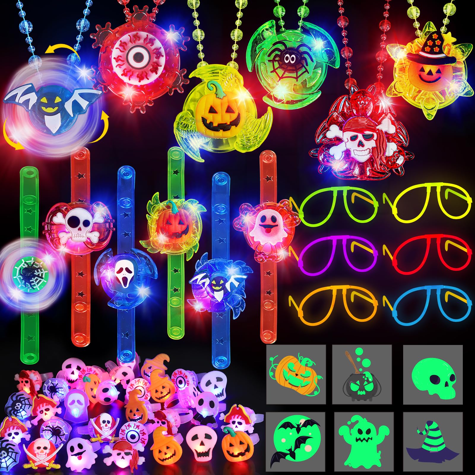 72Pcs Halloween Party Favors for Kids,Halloween Light Up Necklaces Rings Spin Bracelets Glow in The Dark Toys Bulk Halloween Goodie Bag Fillers Treats Non Candy Classroom Prizes Trick or Treat Gift