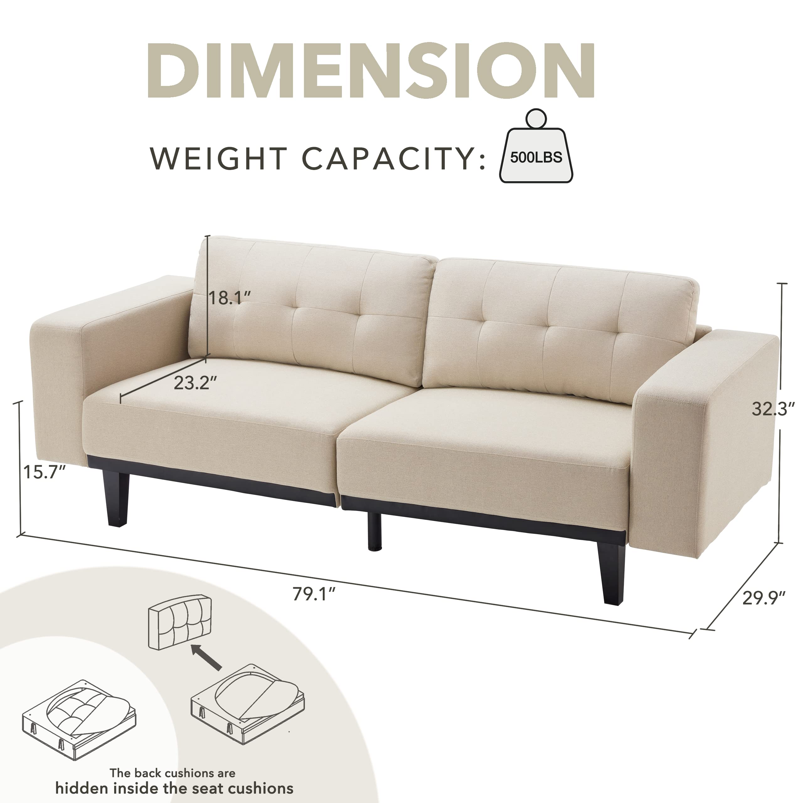 Mid Century Modern Couch, 79" W Oversized Loveseat Sofa, Linen Living Room Couch, Large Sofa with Button Decor, Deep Seated Comfy Sofa with Solid Wood Legs for Bedroom Office, Beige