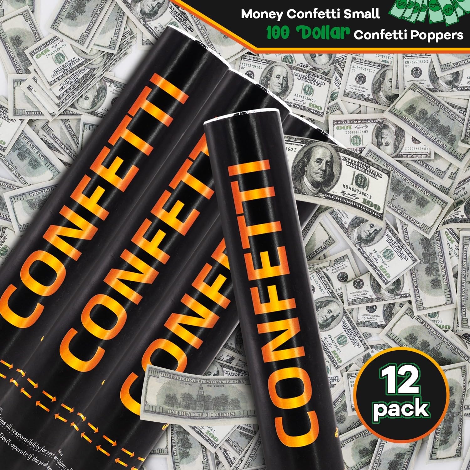 Money Confetti Cannon 12Pack Confetti Poppers Biodegradable 100 Dollar Bill Money Confetti 12inch Confetti Party Poppers for Party Celebration Opening Activities Birthday Graduation Business Signing