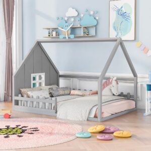 house bed full size, wood floor bed for kids, montessori bed with railings and slats for boys girls, low to ground height, no box spring needed, gray