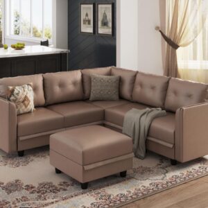 LLappuil Modular Sectional Sofa, Convertible L Shaped Sectional Couch with Storage, Faux Leather Fabric, Modular Sectionals with Chaise, 6 Seats Sofas for Living Room, Cognac Brown