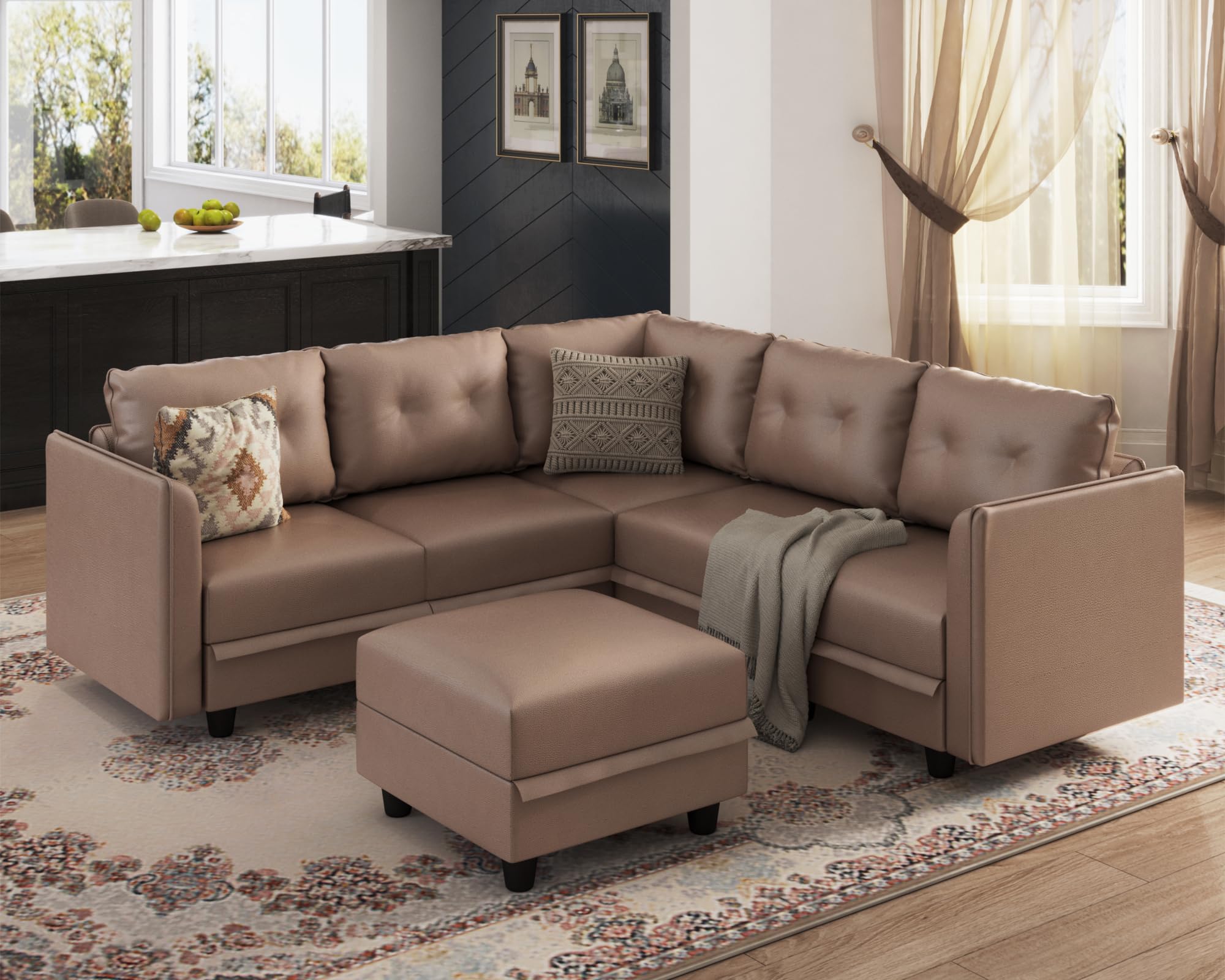 LLappuil Modular Sectional Sofa, Convertible L Shaped Sectional Couch with Storage, Faux Leather Fabric, Modular Sectionals with Chaise, 6 Seats Sofas for Living Room, Cognac Brown