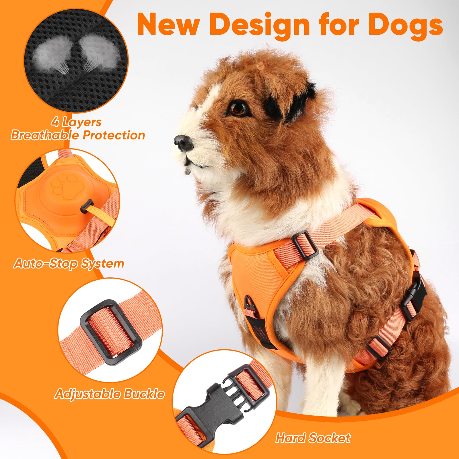 Retractable No-Pull Dog Harness, Auto-Stop Rope for Safety Use, Adjustable Reflective Oxford Easy Control,for 15-33 LBS Medium/Large Dogs Use(Orange)