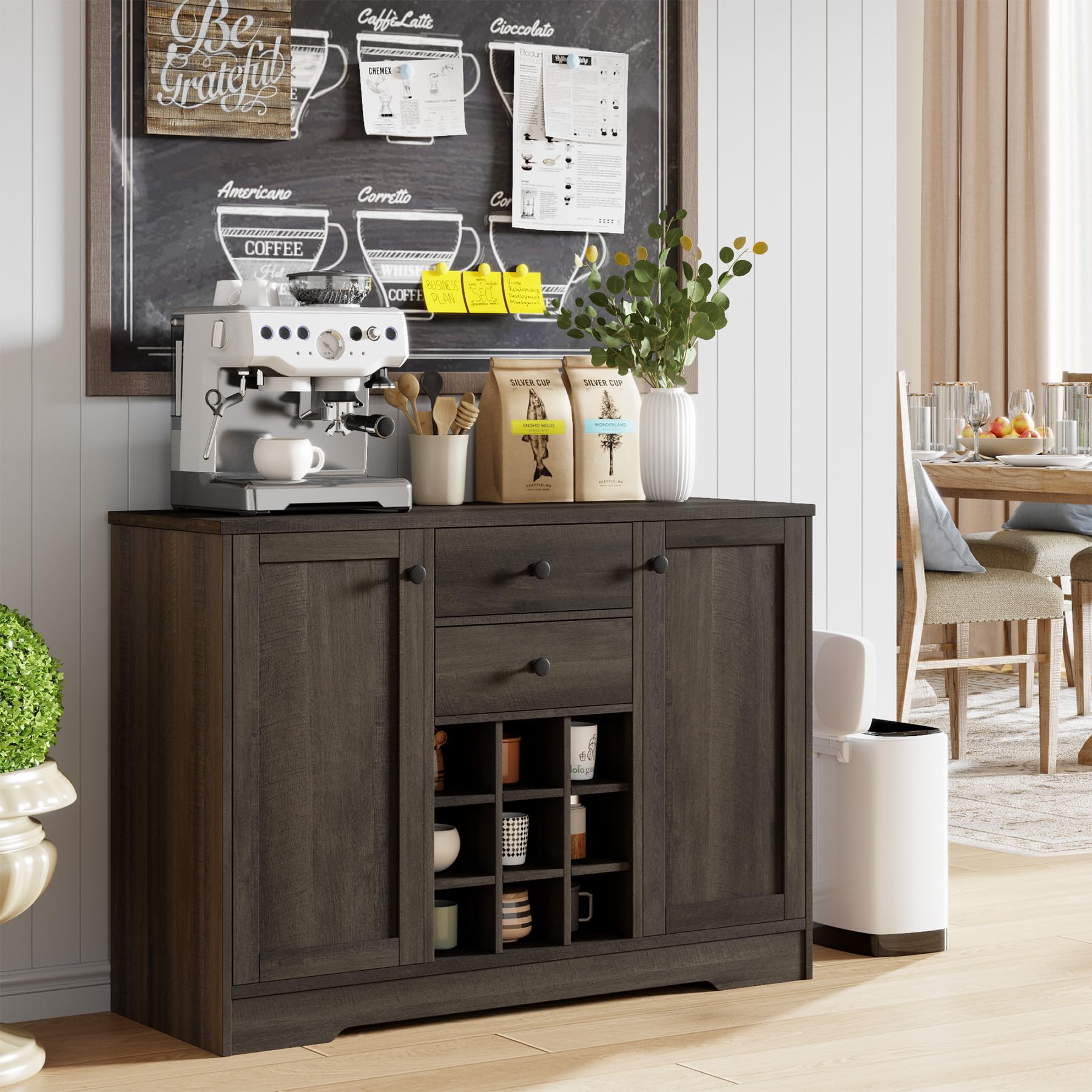 BOTLOG Buffet Sideboard Bar Cabinet with Storage, Farmhouse Coffee Bar Cabinet with 2 Drawers and Adjustable Shelves, 43.3’ Kitchen Buffet Storage Cabinet for Kitchen, Dining Room (Dark Brown)