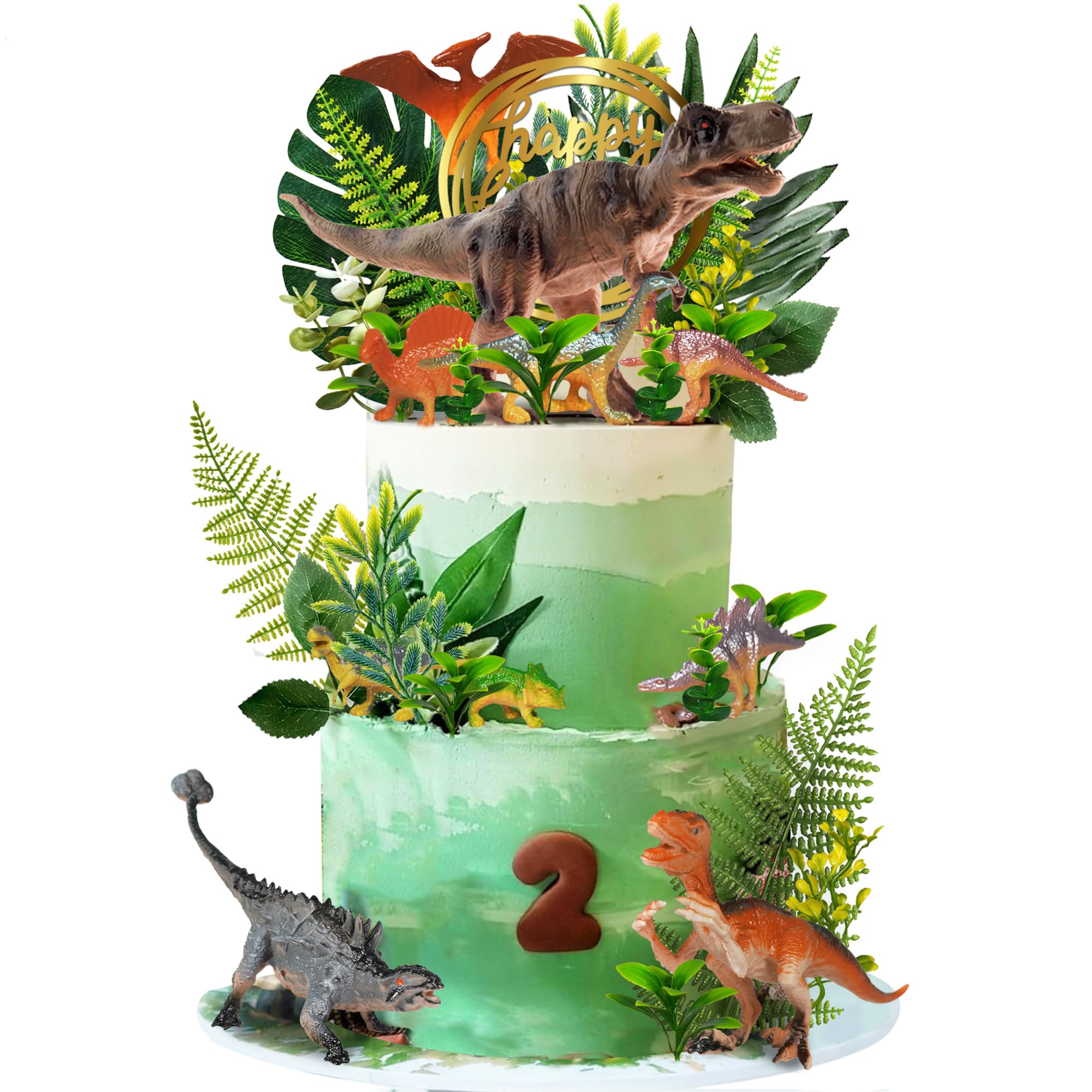 Dinosaur Cake Toppers Dinosaur Toy Artificial Plants Grass Cake Decorations for Boy Girl Kid Birthday Baby Shower Dinosaur Theme Jungle Party Supplies (Style 2)