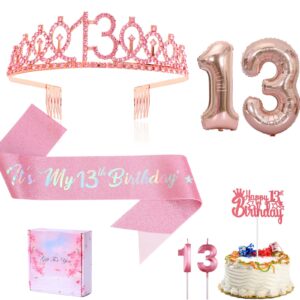 13th birthday candle sash and tiara sets,it's my 13th birthday sash rhinestone crown happy birthday cake topper 32inch foil balloon for girls 13th birthday gift party decorations supplies (rose 13th)