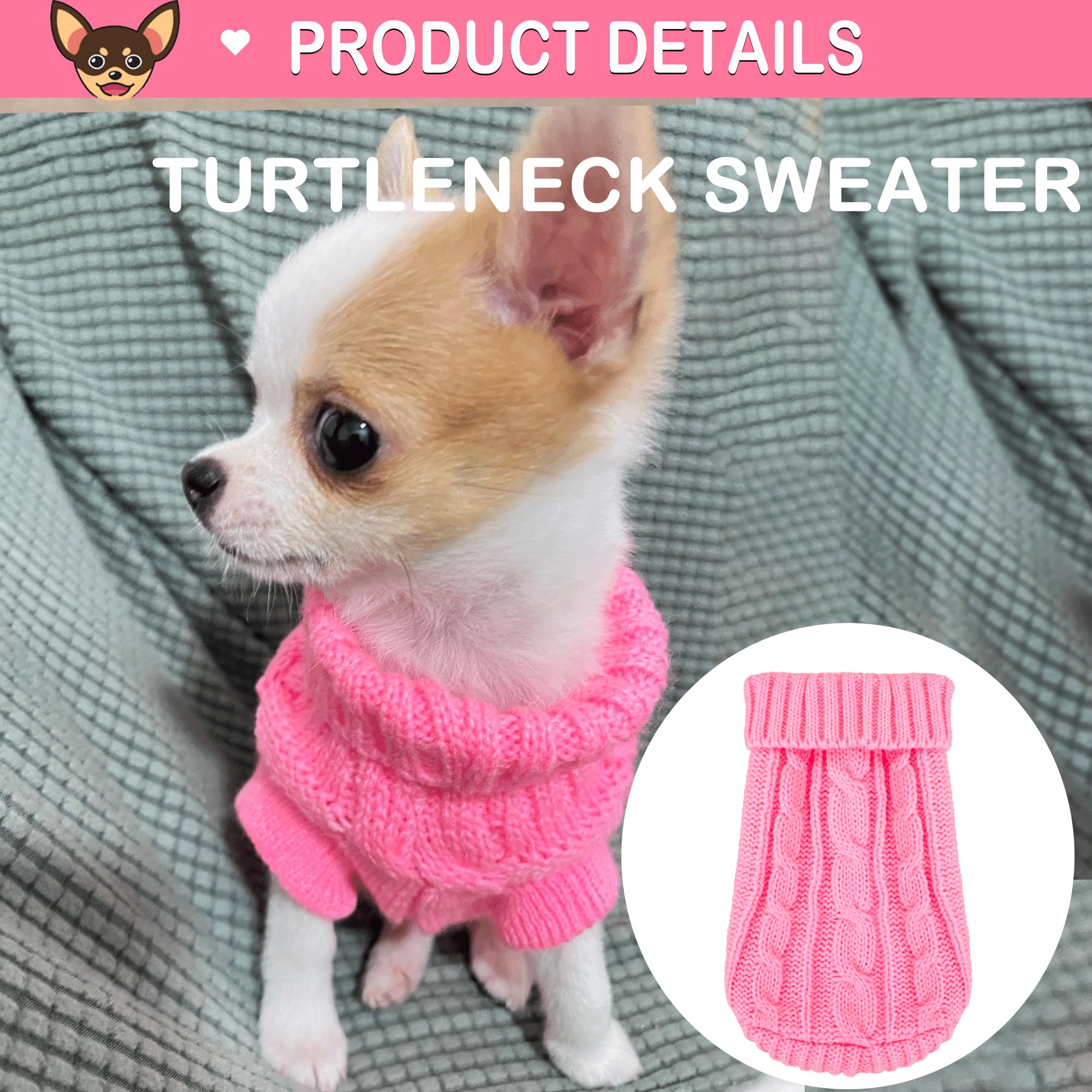 Kallfir's cutie XXS Dog Sweater, 2 Pieces Turtleneck Knitted Chihuahua Sweater Yorkie Teacup Dog Clothes Small Dogs Girl Winter Warm Sweaters Pet Cat Sweater Cold Weather Puppy Clothes XX-Small