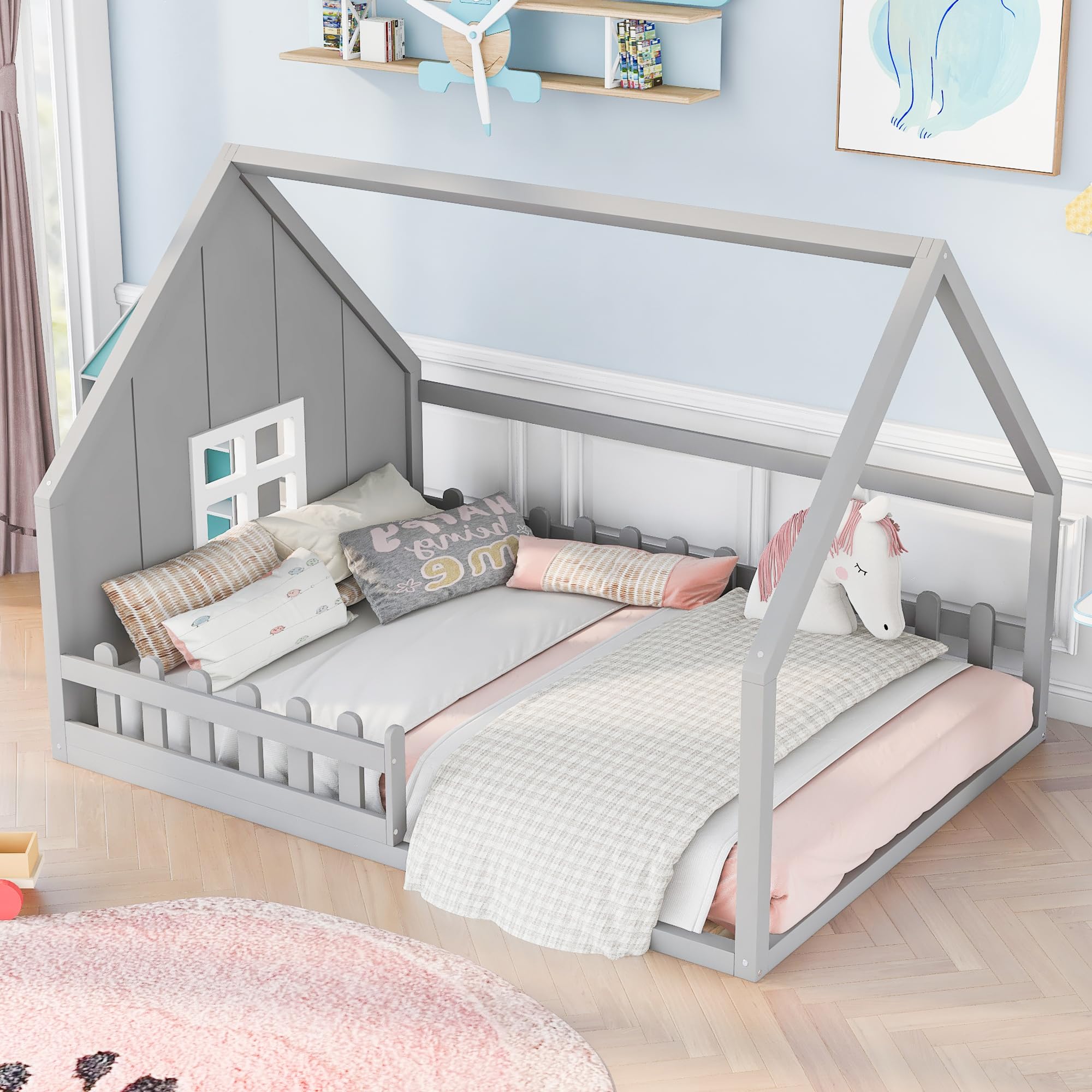 House Bed Full Size, Wood Floor Bed for Kids, Montessori Bed with Railings and Slats for Boys Girls, Low to Ground Height, No Box Spring Needed, Gray