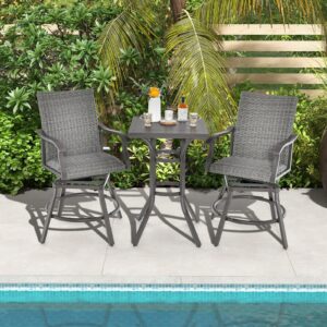 Tangkula Patio Swivel Bar Chairs Set of 2, Aluminum 360° Swiveling Bar Height Chair with 4D Air Fiber Quick Dry Cushion, Elegant PVC Rattan, Patio Bar Stools for Backyard, Poolside, Balcony (Mix Gray)