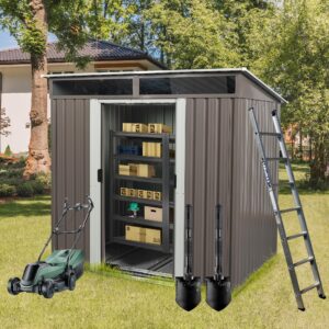 fransoul 6ft x 5ft outdoor metal storage shed, outdoor storage shed with lockable sliding doors, floor frame, sun protection, waterproof tool storage shed for patio, lawn,backyard, grey