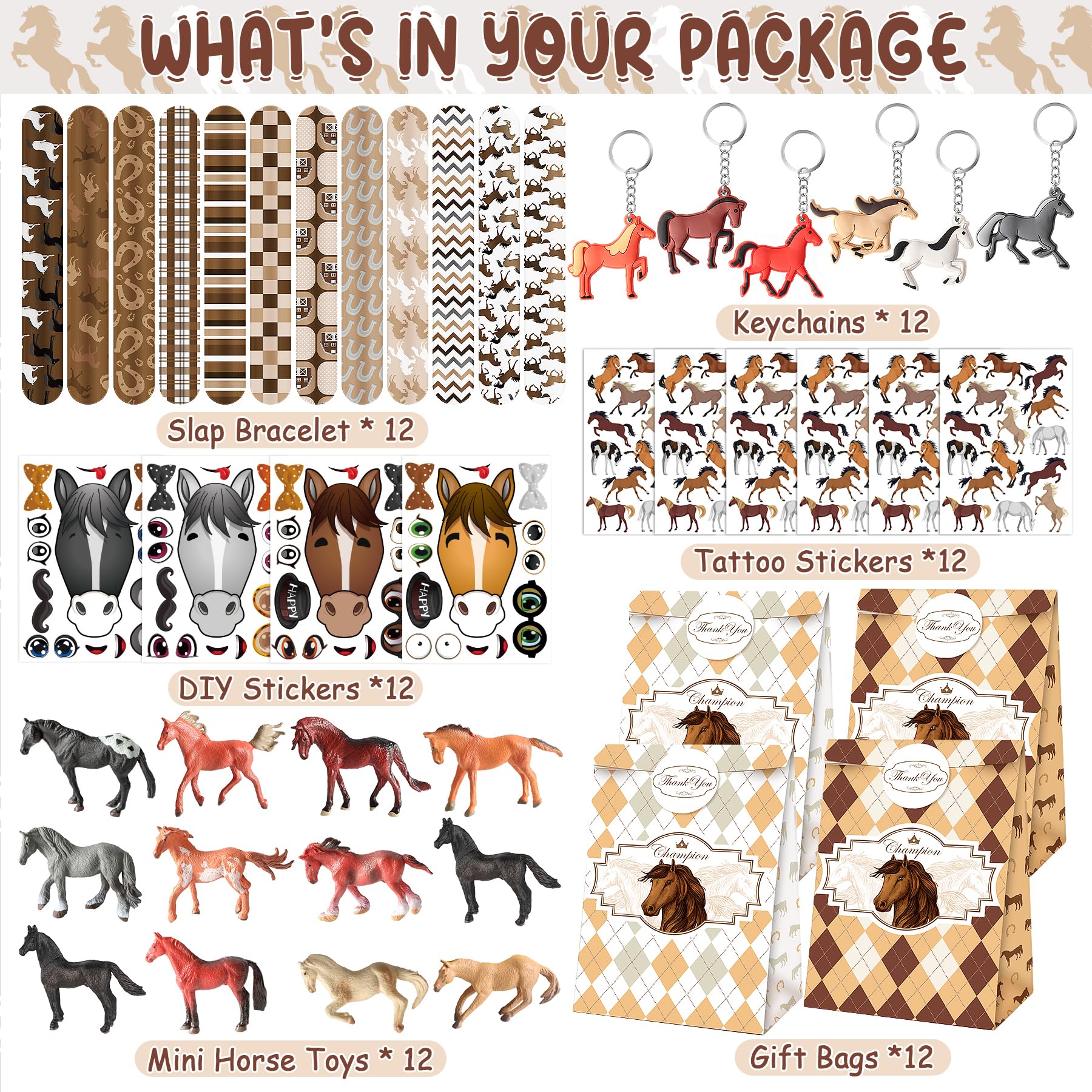 Erweicet Horse Party Favors 72 PCS Slap Bracelets Temporary Tattoos DIY Stickers Keychains Mini Horse Plastic Toys Gift Bags for Cowboys Western Animal Theme Birthday Party Baby Shower