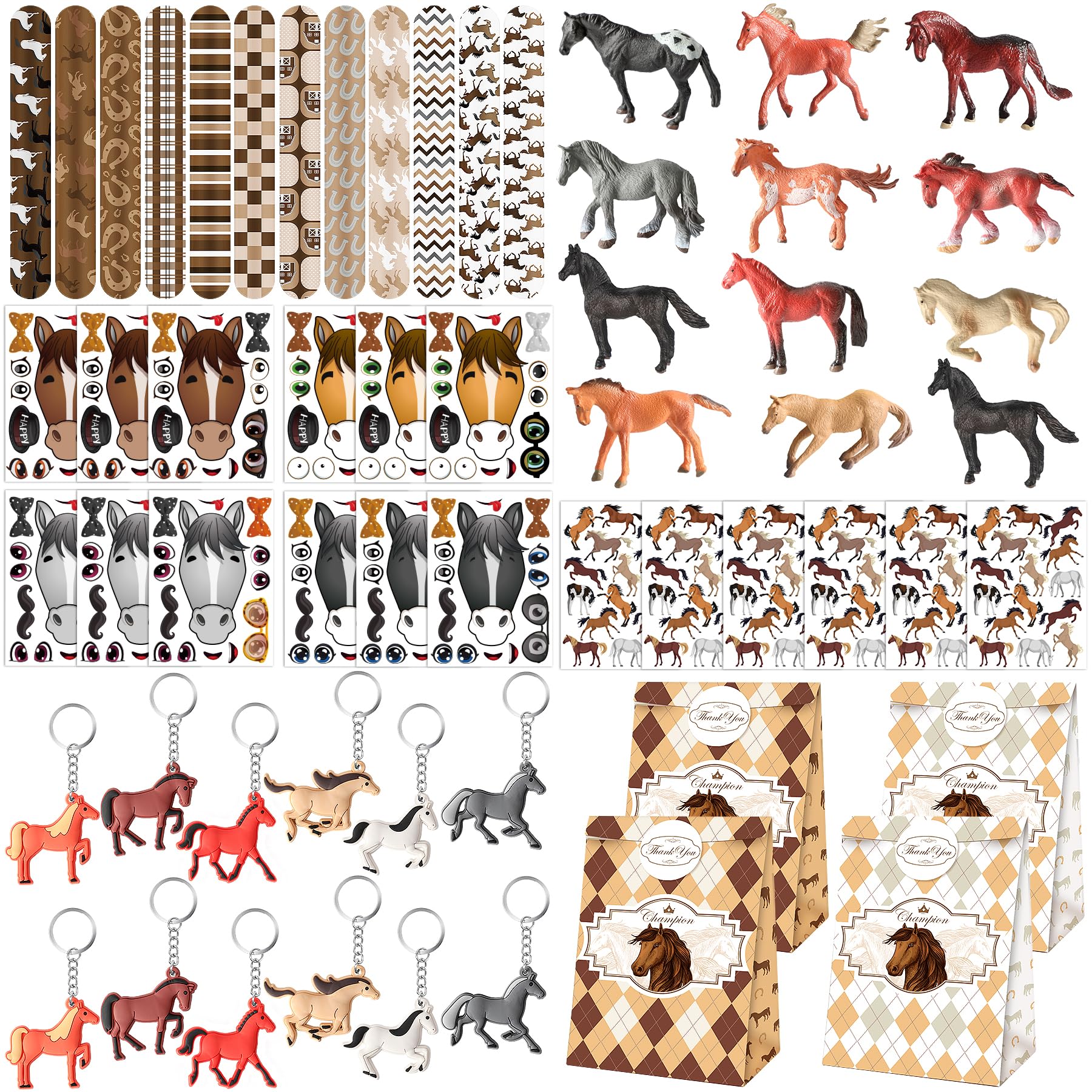 Erweicet Horse Party Favors 72 PCS Slap Bracelets Temporary Tattoos DIY Stickers Keychains Mini Horse Plastic Toys Gift Bags for Cowboys Western Animal Theme Birthday Party Baby Shower